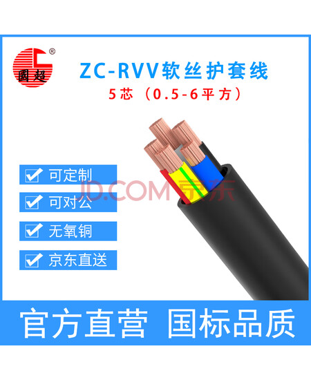 国超电缆 ZC-RVV-5*6平方国标多股铜丝阻燃防老化5芯软护套线电源线黑色1米【现货】