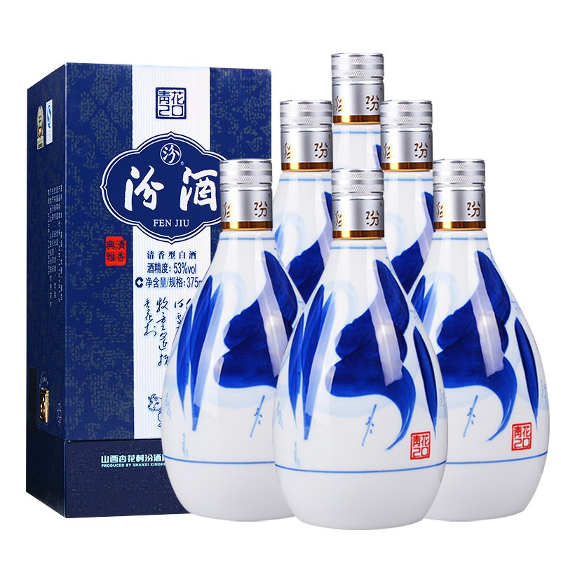 【京东酒世界】汾酒 白酒 青花20 清香型 高度白酒 53度 375ml*6瓶 整箱装-融创集采商城