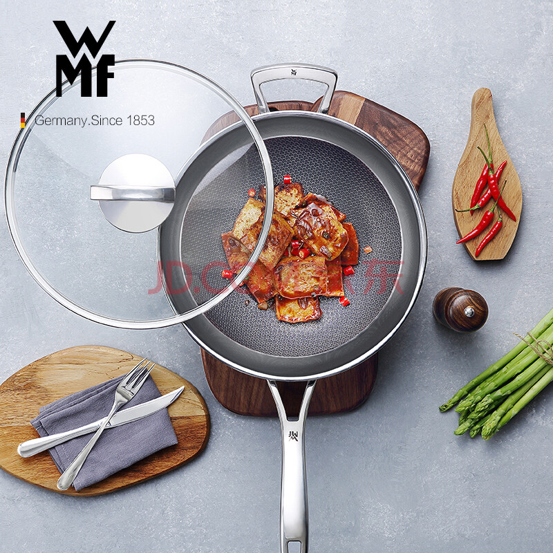 WMF德国福腾宝不沾炒锅304不锈钢炒菜锅燃气电磁炉通用 蜂窝晶盾炒锅30cm（配玻璃盖）_甄选251