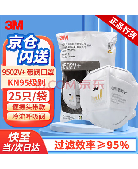 3M 9502V+口罩环保装头戴折叠式带呼吸阀KN95 PM2.5防粉尘口罩 25个(1袋)