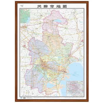 【定制边框】2022年 天津市地图 木框装裱 1.1米*0.8米 胡桃色边框