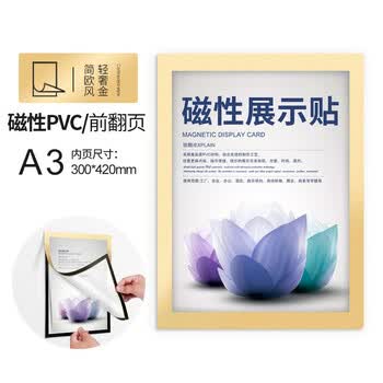 磁性展示贴磁力贴片磁吸展示框课程表吸铁文件框奖状保护墙营业执照相框贴墙海报中介公告栏磁铁广告框牌 A3金色