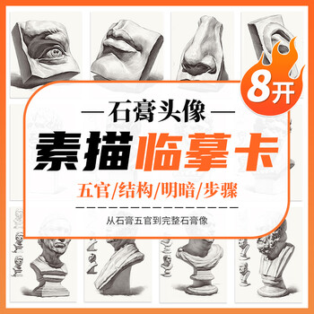 素描石膏像临摹卡8K 卡片高清创意 沐尚文化石膏画卡单体明暗结构国美初级照片画册本学基础入门学院教材教学美术绘画对照描摹练习