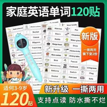家庭常用单词便利贴120张幼儿子早教英语启蒙防水 单词+短语贴纸320张 小达人16g点读笔（备注颜色）