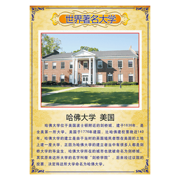 世界著名大学简介宣传画海报挂图展板招贴画名校风采宣传栏墙贴画覆膜防水贴纸OA53 OA53-02 哈佛大学简介 120*80厘米 覆膜防水PP贴纸