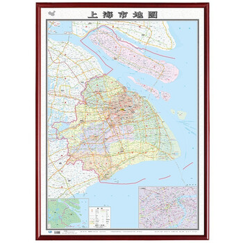 【定制边框】2022年 上海市地图 木框装裱 1.1米*0.8米 红棕色边框