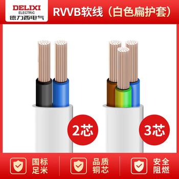 德力西电线RVV电缆线2/3芯国标紫1.5 2.5 4平方电源软/硬护套线 国标足米 RVVB软线白色（扁护套) 3芯 6平方毫米 1m【图片 价格 品牌 报价】-京东