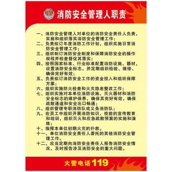 消防安全规章制度牌宣传画挂图消防安全管理人职责贴画覆膜防水贴纸VHT07 VHT07-03 消防安全管理人职责 100*70厘米 覆膜防水PP贴纸