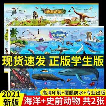 正版 2021史前动物+海洋动物地图恐龙地图学生专用小学生版 儿童房挂图大尺寸墙中国地图挂图 全2册