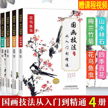 国画技法从入门到精通4册 花鸟鱼虫\/梅兰竹菊\/山水石林\/四季百花 儿童写意临摹工笔画基础教材书籍 中国山水画教程 国画入门基础教材 国画起步