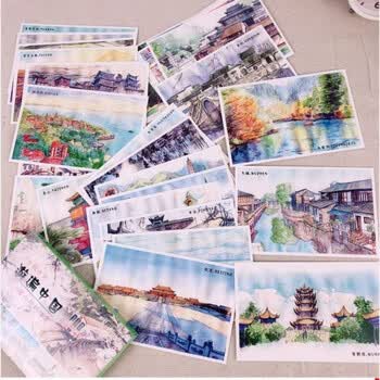 雅迎 36张中国各大城市地标建筑剪影风景明信片苏州上海广州北京长沙丽江杭州大理纪念贺卡片 30张明信片 游遍中国水彩