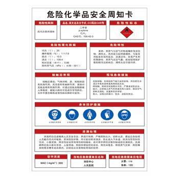 定制危险化学品宣传画安全周知卡提示告知卡警示标识牌标志标示牌NFH NFH70 危险化学品周知卡 二甲苯 40*30厘米 铝板光反膜