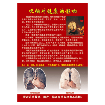 禁止吸烟标贴纸标语标识控烟禁烟公益广告文化招贴画挂图无烟校园宣传画覆膜防水贴纸TYH TYH01 吸烟有害健康 100*70厘米 覆膜防水PP贴纸