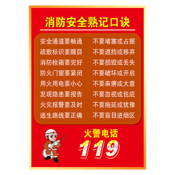 消防安全挂图海报宣传画消防安全熟记口诀展板墙贴画防水贴纸VCH VCH58 消防安全熟记口诀 100*70厘米 覆膜防水PP贴纸