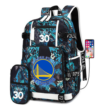 NBA库里书包篮球双肩包科比高中学生背包夜光运动黑曼巴初中男生 印花蓝加笔袋蓝色勇士标30