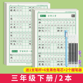 六品堂一年级二年级三年级语文同步练字帖上下册人教版小学生专用硬笔书法练字本楷书笔画笔顺儿童描红练习本 三年级下册两本+练字笔