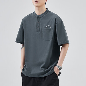 JVSJ夏季纯棉短袖t恤男士薄款宽松美式复古亨利衫黑色重磅半袖上衣服 5509深灰 L【图片 价格 品牌 报价】-京东
