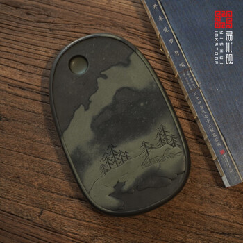 非遗易水砚 高档精品书法专用文房四宝用品天然老坑原石砚门字随形磨墨小寒节气砚灰绿分明 银雪月华