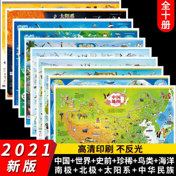 全套10册中国地图和世界地图挂图2021儿童版学生专用中国地形图 挂图中华民族地图+太阳系地图+北极 全套10张 默认