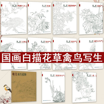 唯美白描精选 水生花草鸭鹅荷花热带植物白鹭红蓼牡丹鸡禽鸟共11册