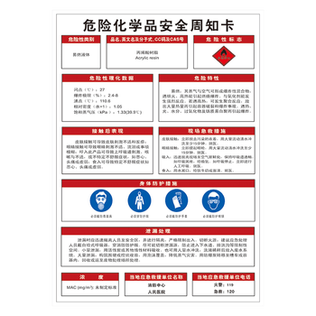 定制危险化学品安全周知卡告知卡职业病危害告知牌卡警示牌标志标示标识牌NFH NFH22 危险化学品安全周知卡 丙烯酸树脂 70*50厘米 PVC塑料板