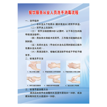 餐饮服务从业人员医院洗手消毒流程图步骤图程序方法墙贴画挂图覆膜防水贴纸TXH TXH11 餐饮服务从业人员洗手消毒流程 60*40厘米 覆膜防水PP贴纸