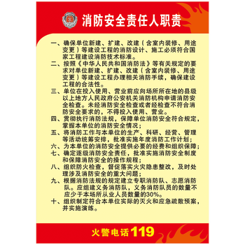 消防安全规章制度牌宣传画挂图消防安全管理人职责贴画覆膜防水贴纸VHT07 VHT07-04 消防安全责任人职责 80*60厘米 覆膜防水PP贴纸