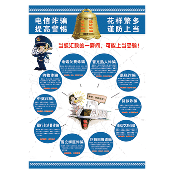 防骗宣传栏警方提示挂图海报谨防电信网络诈骗防范常识宣传画墙贴画覆膜贴纸OGH OGH06 电信诈骗防范常识 100*70厘米 覆膜防水PP贴纸
