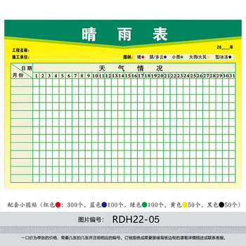 建筑工地新款通用施工晴雨表天气情况记录表公示栏墙贴画覆膜RDH22-05 覆膜防水PP贴纸+小圆贴 70*50厘米