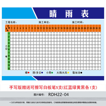 新款施工晴雨表建筑工地通用天气情况记录表公示栏墙贴画覆膜自粘贴纸RDH22-04 覆膜防水PP贴纸(手写版送笔) 70*50厘米