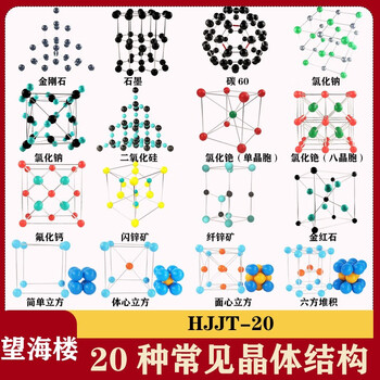 HJJT-20晶体结构模型20件套氟化钙硫化锌金红石氯化钠碳60金刚石二氧化硅氯化铯石墨简单立方体心 HJJT-20 常见晶体模型20件套