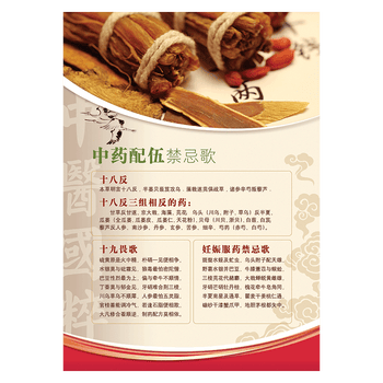中药十八反歌十九畏歌挂图妊娠用药禁忌中医宣传画贴画WSA WSA34 中药配伍禁忌歌 80*60厘米
