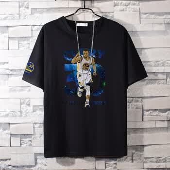 NBA短袖圆领库里30号纯棉透气美式蓝球衣运动训练服T恤男圆领夏季 黑色-勇士库里 L