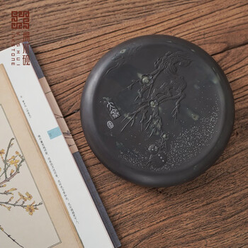非遗砚 易水砚台天然原石书法专用圆形雪梅高档文房四宝书法书画手工图案多功能小砚磨墨圆砚 雪趣砚