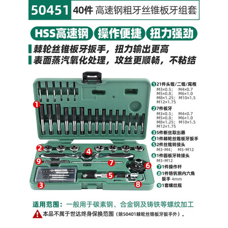 世达（SATA）丝锥板牙套装手用螺丝攻丝器滑丝修复工具攻丝钻头套装 50451 40件高速钢粗牙 丝锥扳手【图片 价格 品牌 报价】-京东