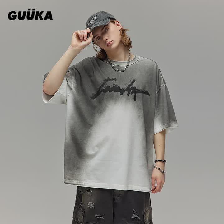 古由卡（GUUKA）LAB沙丘废土风渐变短袖t恤男夏新款潮复古末世感个性上衣宽松百搭 灰色 S【图片 价格 品牌 报价】-京东