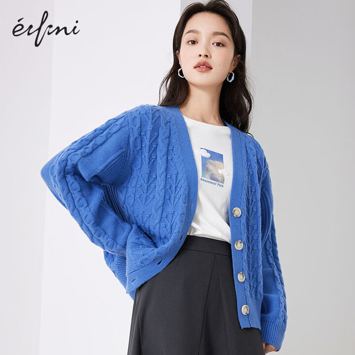 伊芙丽（eifini）2023春装新款V领全羊毛设计感绞花针织开衫外套上衣女春秋 宝蓝 165/90CM/L【图片 价格 品牌 报价】-京东
