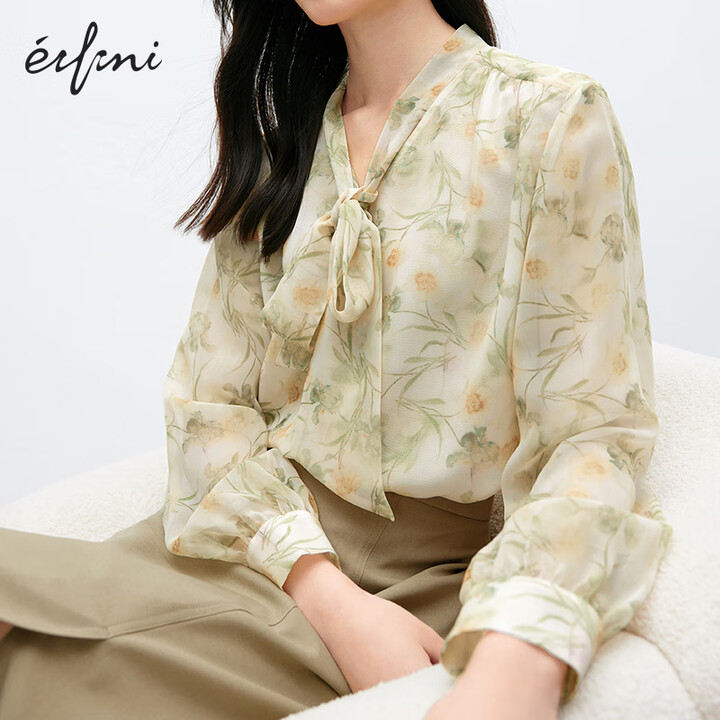 伊芙丽（eifini）伊芙丽基础气质飘带领碎花小上衣女2023秋装新款优雅通勤米色衬衫 米黄 165/88A/L【图片 价格 品牌 报价】-京东