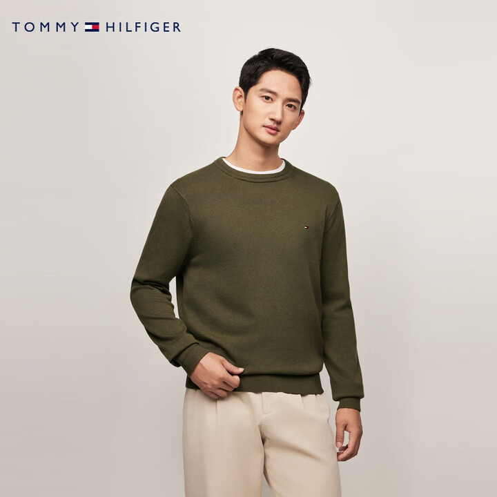 TOMMY HILFIGER【丝羊绒混纺】冬季男装纯色休闲圆领内搭打底衫针织衫毛衣36776 军绿色RBN XL （推荐：165-180斤 ...