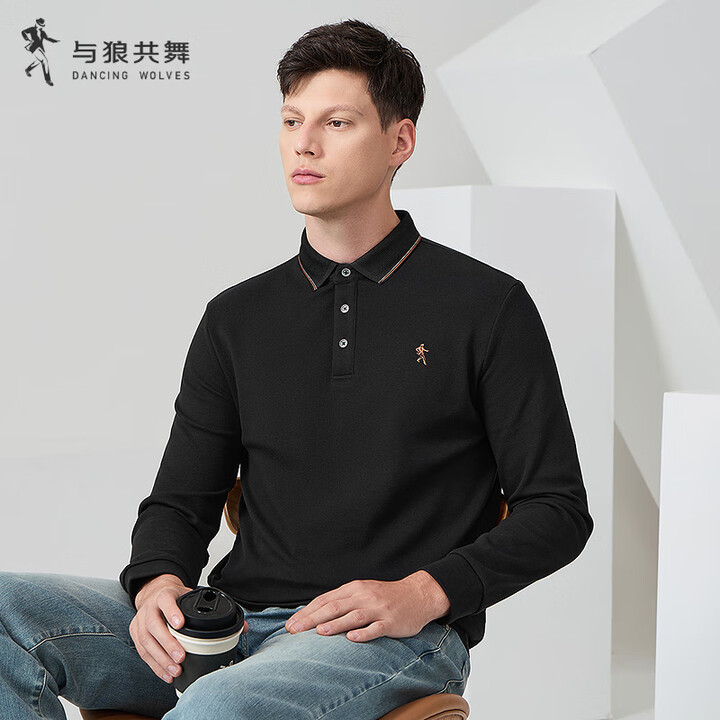 【与狼共舞（DANCING WOLVES）8350250601101】与狼共舞【舒弹棉】秋冬商务通勤人标刺绣男士长袖POLO衫 001黑色 ...