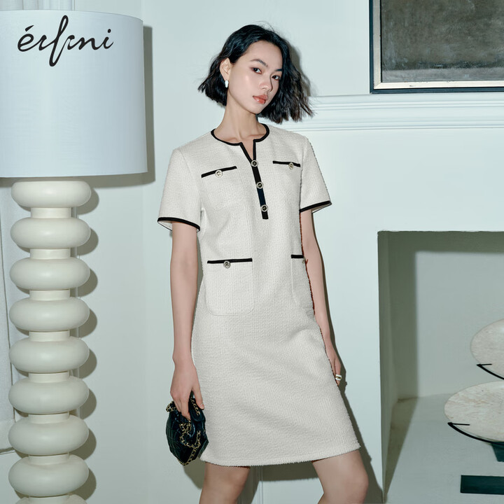 伊芙丽（eifini）伊芙丽经典小香风撞色千金风时髦高级感T恤连衣裙女2024春装新款 本白色 160/84A/M【图片 价格 品牌 报价】-京东