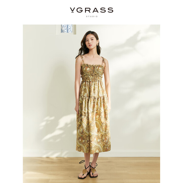 VGRASS[繁花乐园]法式吊带连衣裙2024春夏新款桑蚕丝显瘦碎花裙 椒褐色 XS【图片 价格 品牌 报价】-京东
