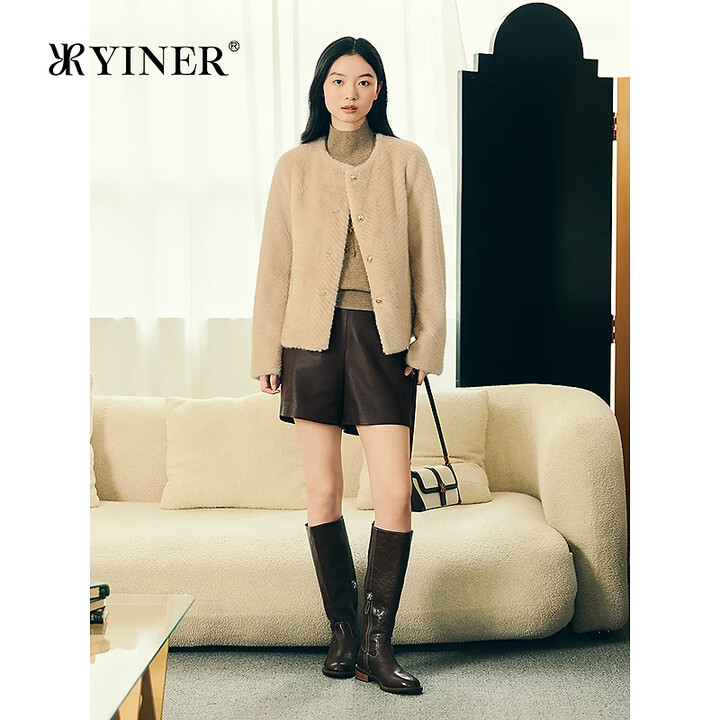 YINER音儿专选冬季新款法式复古人字纹H型短款环保皮草外套 米白 2XL【图片 价格 品牌 报价】-京东