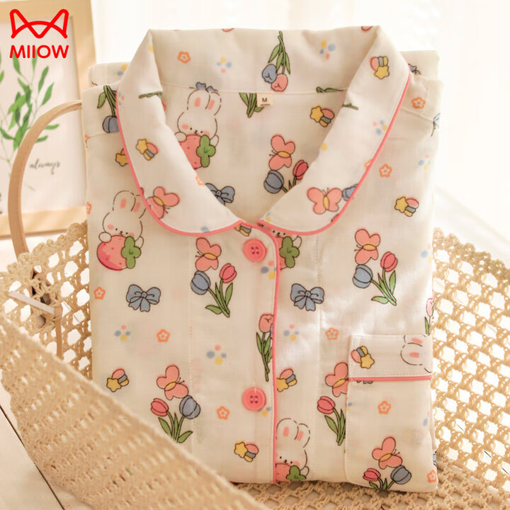 猫人（MiiOW）2026春款睡衣女长袖全棉双层纱布春秋日系新款纯棉棉纱家居服套装 6232白色草莓兔 S【图片 价格 品牌 报价】-京东