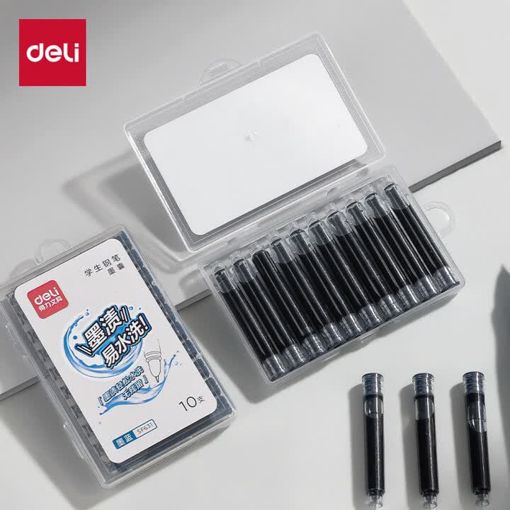 【得力SF631】得力（deli）墨迹易水洗钢笔墨囊不易脏手学生钢笔墨水 3.4mm标准口径可替换 墨蓝 10支/盒 SF631【行情 报价 ...