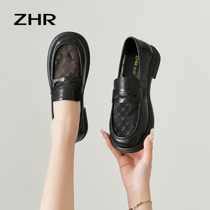 【ZHR单鞋】ZHR单鞋女英伦风皮鞋女平底透气网面乐福鞋女套脚女鞋 BK10E 黑色38【行情 报价 价格 评测】-京东