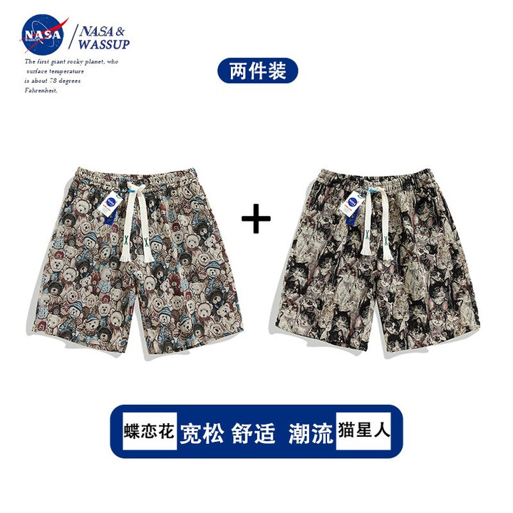 NASA WASSUP官方潮牌联名短裤男夏季港风印花沙滩裤宽松休闲短裤男士五分裤 熊出没+猫星人 L （建议115-125斤）【图片 价格 ...