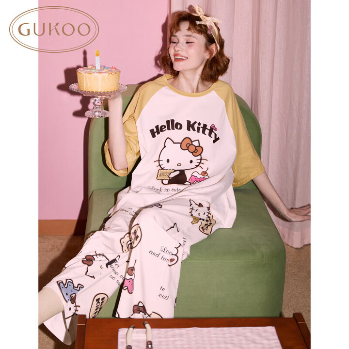 果壳（Gukoo）睡衣女夏季HelloKitty联名可爱卡通印花新款女士家居服套装B HelloKitty圆领套装 M【图片 价格 品牌 报价】-京东