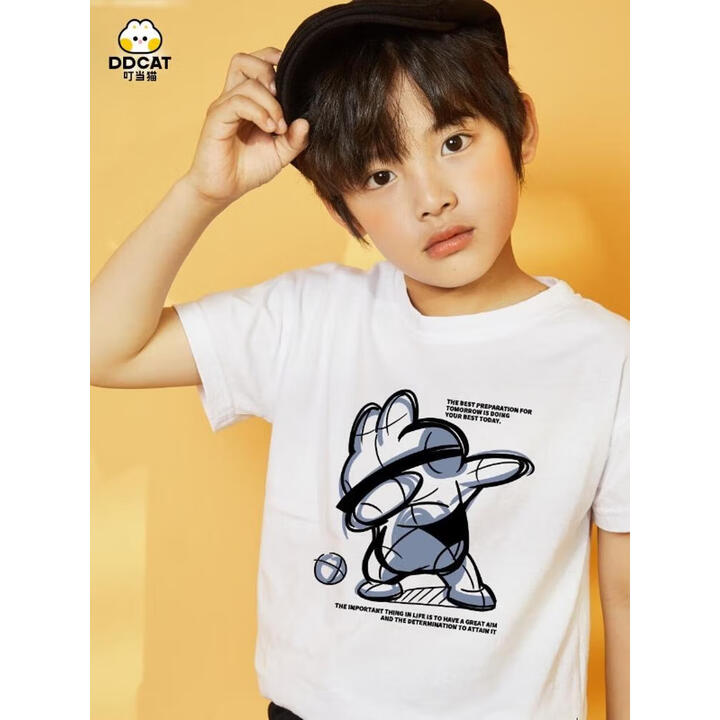 叮当猫 DDCAT【今夏必入爆款】2025新款儿童短袖纯棉童装夏季女童ins风休闲T恤 【短袖T恤白色】动感足球 100 （尺码偏小，建议拍大 ...