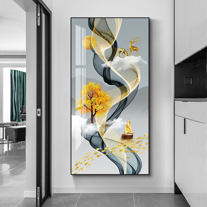 LEYU玄关挂画正对入户门高级感立体现代进门走廊过道客厅入门玄幻壁画 01步步高升 100*200cm【建议1.4-1.8米墙宽】 土豪金(轻奢铝合金外框) 【不带灯】立体晶钻画(镜面防水 ...